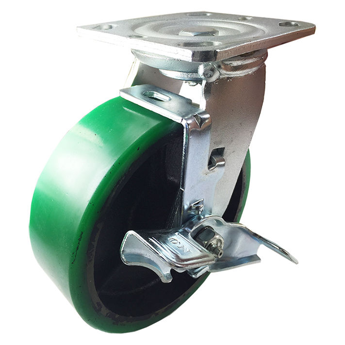 6" x 2" Polyurethane on Cast Iron (Green) - 4 Swivels with Brake